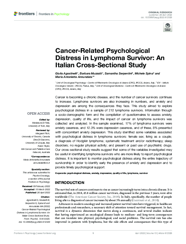 (PDF) Cancer-Related Psychological Distress in Lymphoma Survivor: An ...