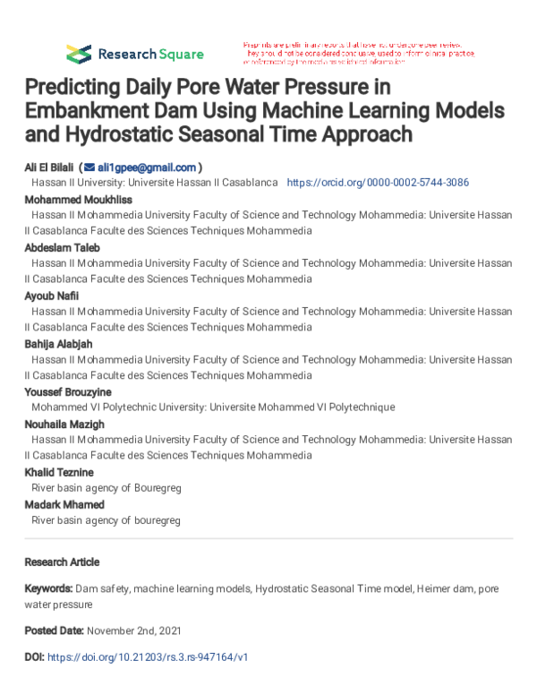 (PDF) Predicting Daily Pore Water Pressure in Embankment Dam Using Machine Learning Models and ...