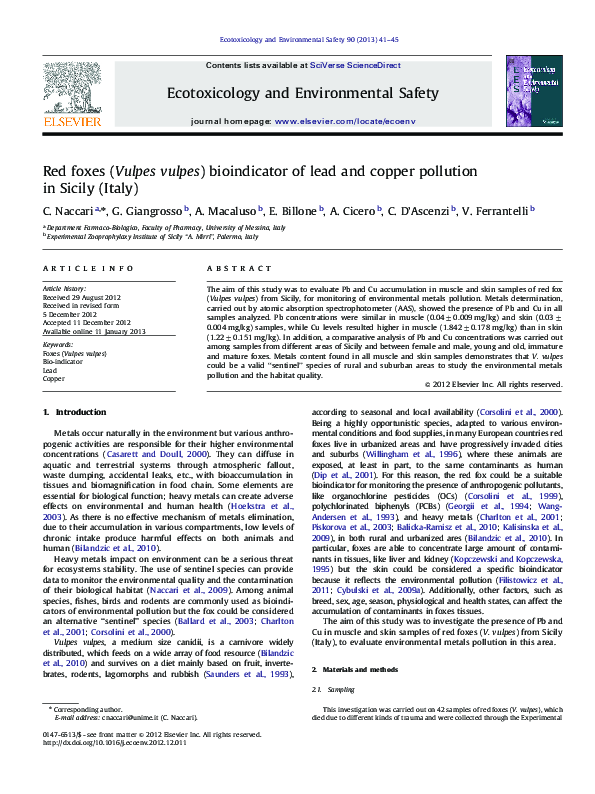 (PDF) Red foxes (Vulpes vulpes) bioindicator of lead and copper pollution in Sicily (Italy)