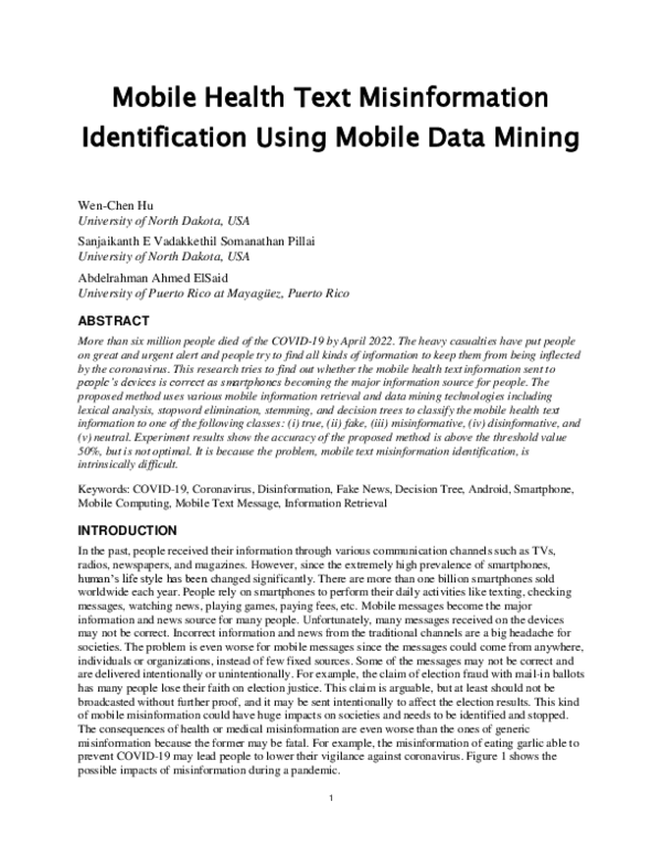 Pdf Mobile Health Text Misinformation Identification Using Mobile Data Mining Wenjie Hu And