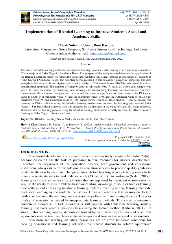 (PDF) Implementation of Blended Learning to Improve Student's Social and Academic Skills