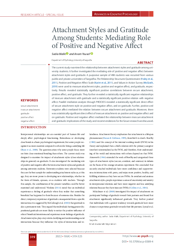 (PDF) Attachment Styles and Gratitude Among Students: Mediating Role of ...