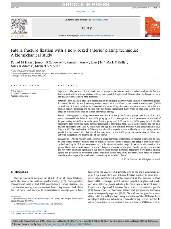 (PDF) Patella fracture fixation with a non-locked anterior plating ...