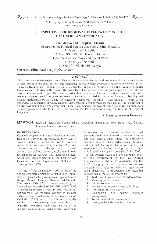 (PDF) PERSPECTIVES OF REGIONAL INTEGRATION IN THE EAST AFRICAN COMMUNITY