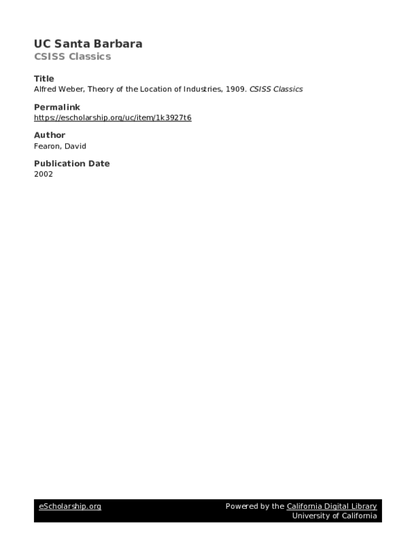(PDF) Alfred Weber, Theory of the Location of Industries, 1909. CSISS ...
