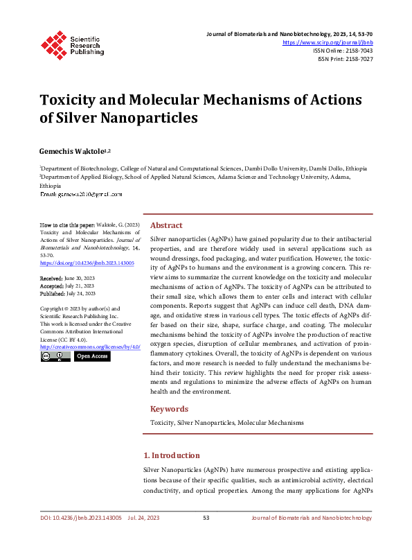 (PDF) Toxicity and Molecular Mechanisms of Actions of Silver Nanoparticles