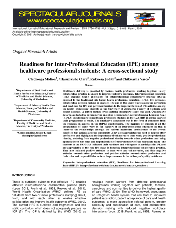 (PDF) Readiness for Inter-Professional Education (IPE) among healthcare professional students: A ...