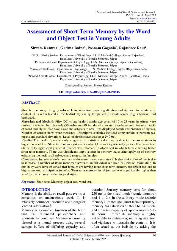 (PDF) Assessment of Short Term Memory by the Word and Object Test in ...