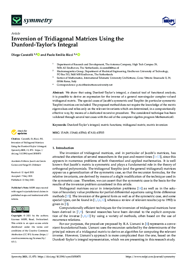 (PDF) Inversion of Tridiagonal Matrices Using the Dunford-Taylor’s Integral