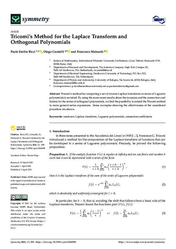 (PDF) Tricomi’s Method for the Laplace Transform and Orthogonal Polynomials
