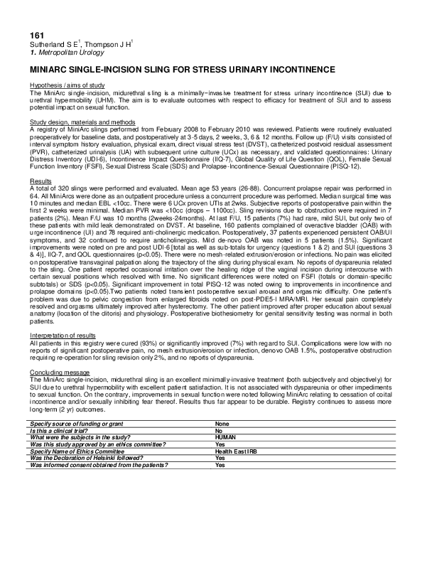 (PDF) Miniarc Single-Incision Sling for Stress Urinary Incontinence