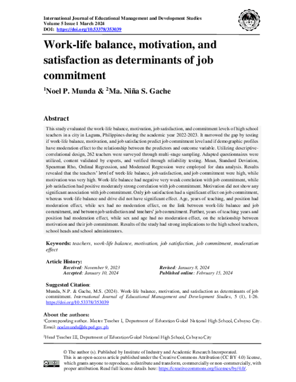 (PDF) Work-life balance, motivation, and satisfaction as determinants of job commitment