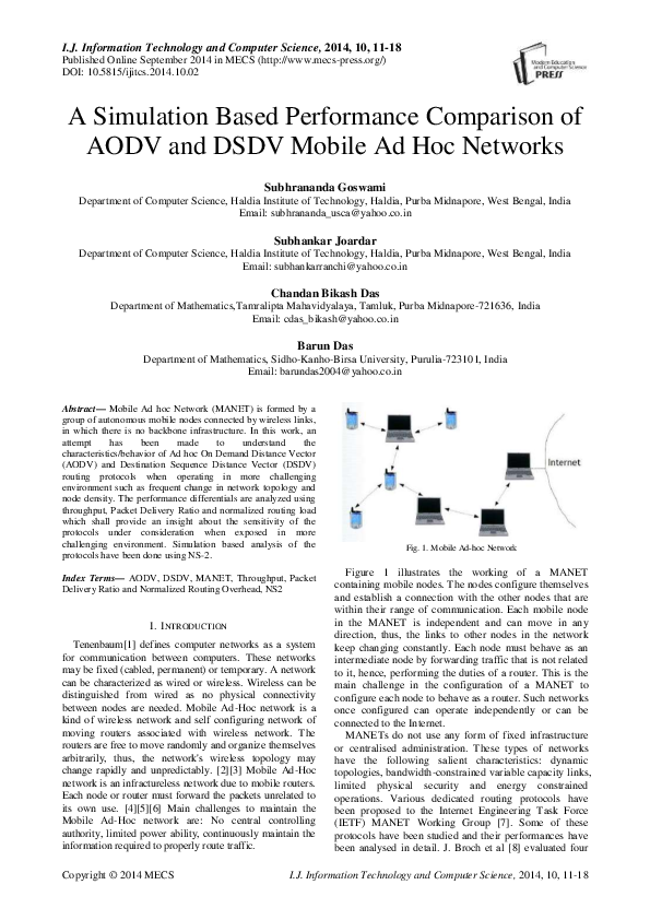 (PDF) A Simulation Based Performance Comparison of AODV and DSDV Mobile Ad Hoc Networks