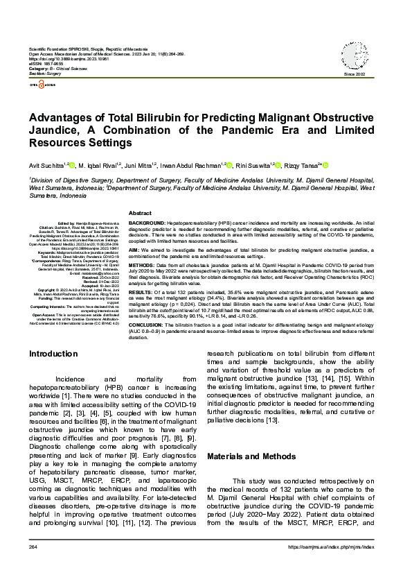 (PDF) Advantages of Total Bilirubin for Predicting Malignant ...
