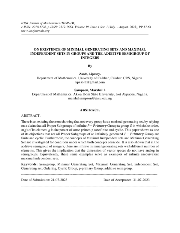 (PDF) ON EXISTENCE OF MINIMAL GENERATING SETS AND MAXIMAL INDEPENDENT ...