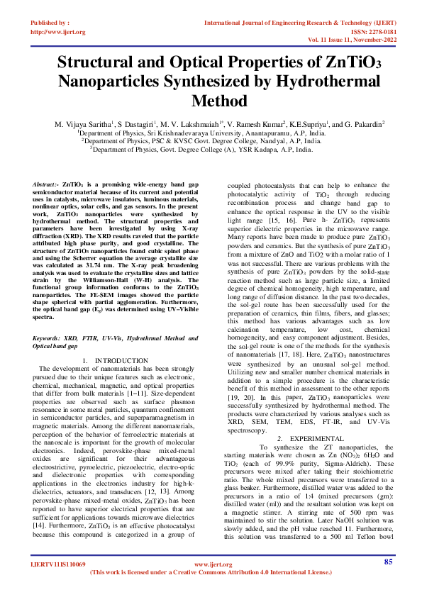 (PDF) Structural and Optical Properties of ZnTiO 3 Nanoparticles Synthesized by Hydrothermal Method