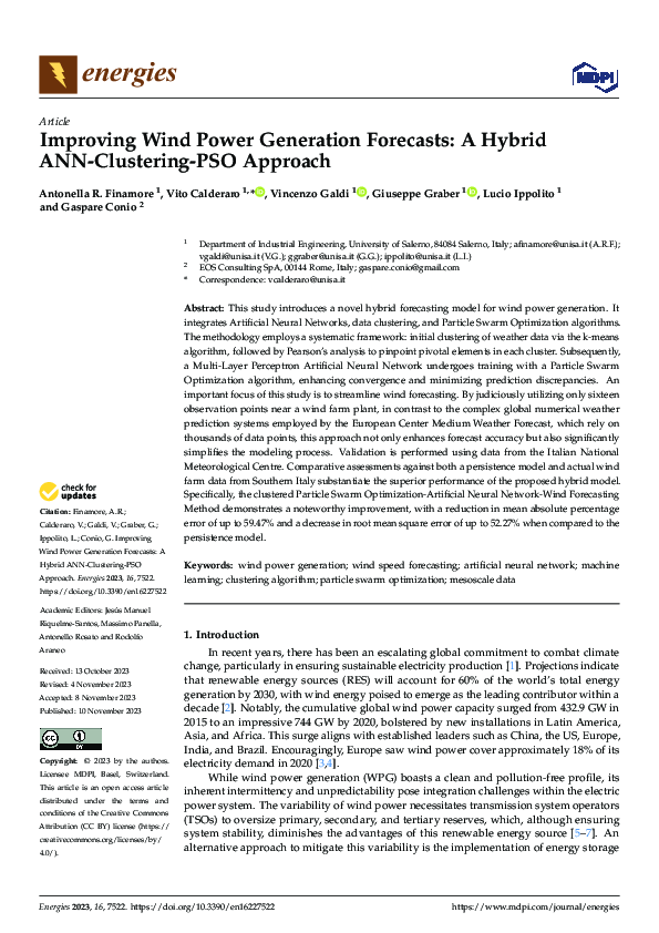(PDF) Improving Wind Power Generation Forecasts: A Hybrid ANN-Clustering-PSO Approach