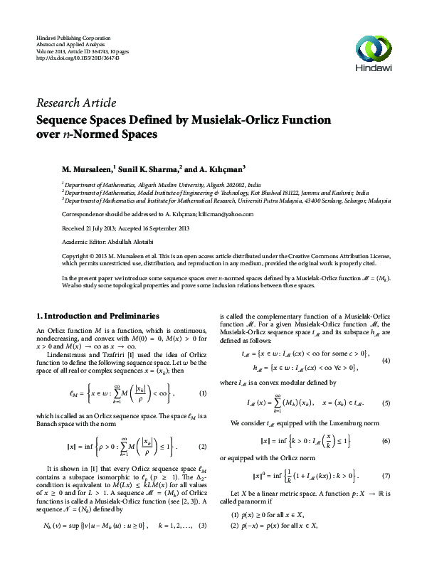 Pdf Sequence Spaces Defined By Musielak Orlicz Function Over Normed Spaces Adem Kilicman
