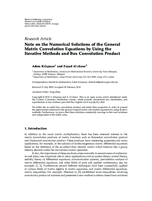 (PDF) Note on the Numerical Solutions of the General Matrix Convolution ...