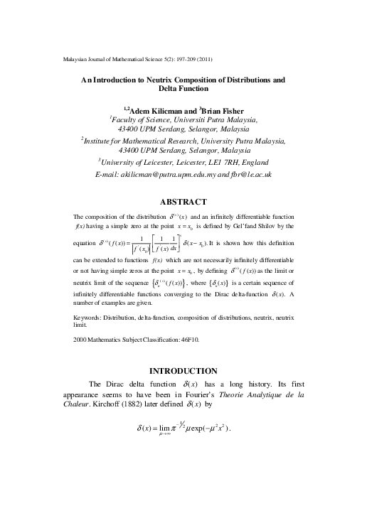 (PDF) An introduction to neutrix composition of distributions and delta function