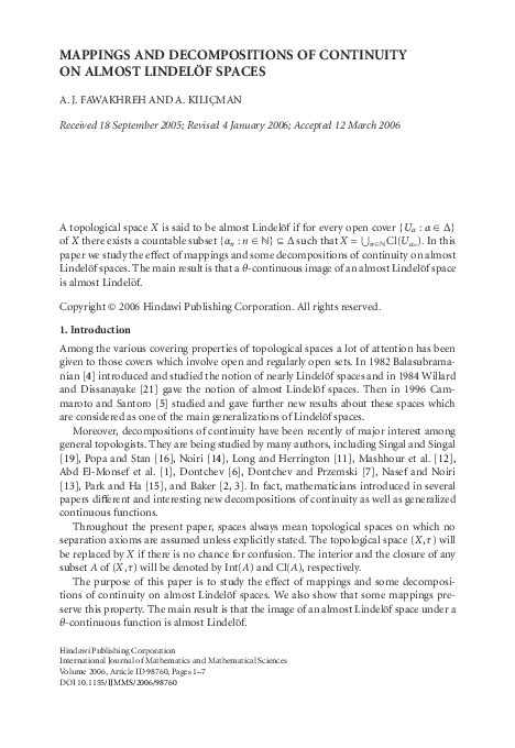 (PDF) Mappings and decompositions of continuity on almost Lindelöf spaces