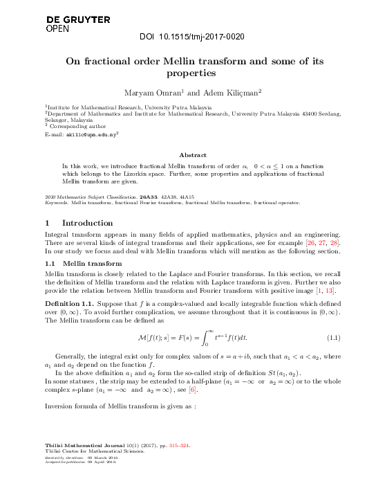 Pdf On Fractional Order Mellin Transform And Some Of Its Properties