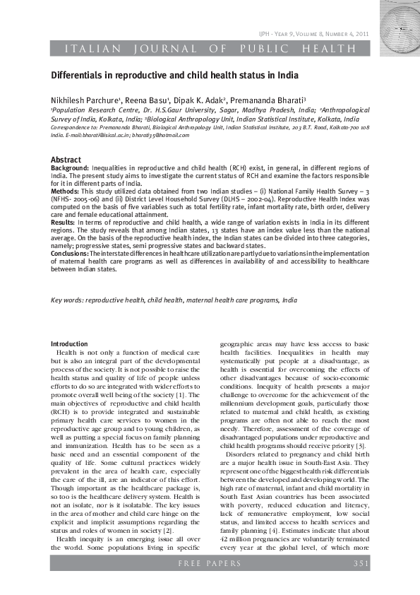 (PDF) Differentials in reproductive and child health status in India