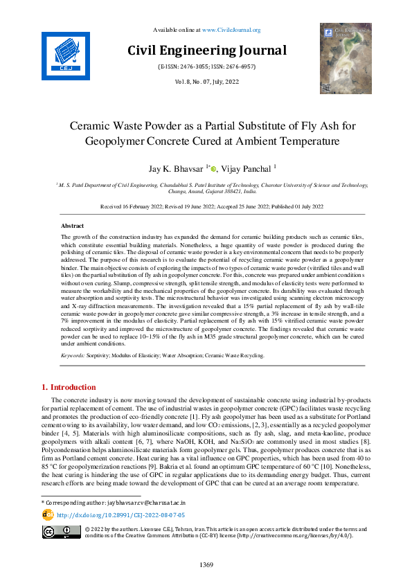 (PDF) Ceramic Waste Powder as a Partial Substitute of Fly Ash for ...