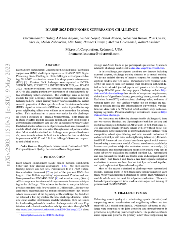 (PDF) ICASSP 2023 Deep Speech Enhancement Challenge | Mehrsa Golestaneh ...