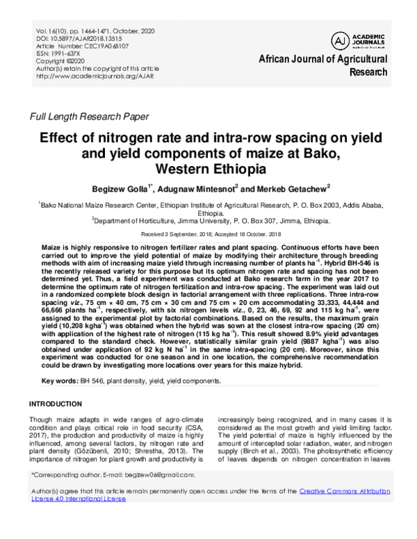 (PDF) Effect of nitrogen rate and intra-row spacing on yield and yield components of maize at ...