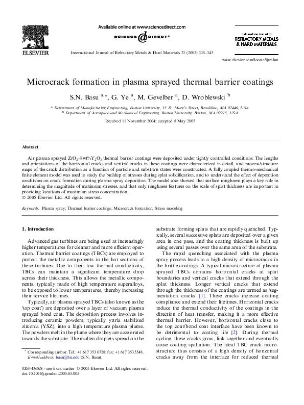 (PDF) Microcrack formation in plasma sprayed thermal barrier coatings