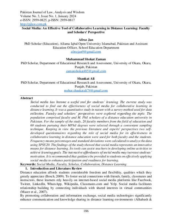 (PDF) Social Media: An Effective Tool of Collaborative Learning in Distance Learning: Faculty ...