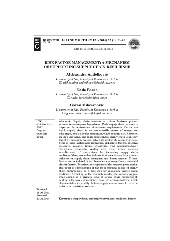 (PDF) Risk Factor Management: a Mechanism of Supporting Supply Chain ...