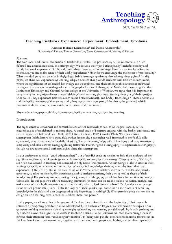 (PDF) Teaching Fieldwork Experience: Experiment, Embodiment, Emotions