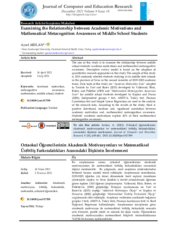 (PDF) Examining the Relationship between Academic Motivations and Mathematical Metacognition ...