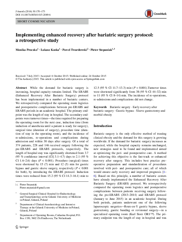 (PDF) Implementing enhanced recovery after bariatric surgery protocol ...