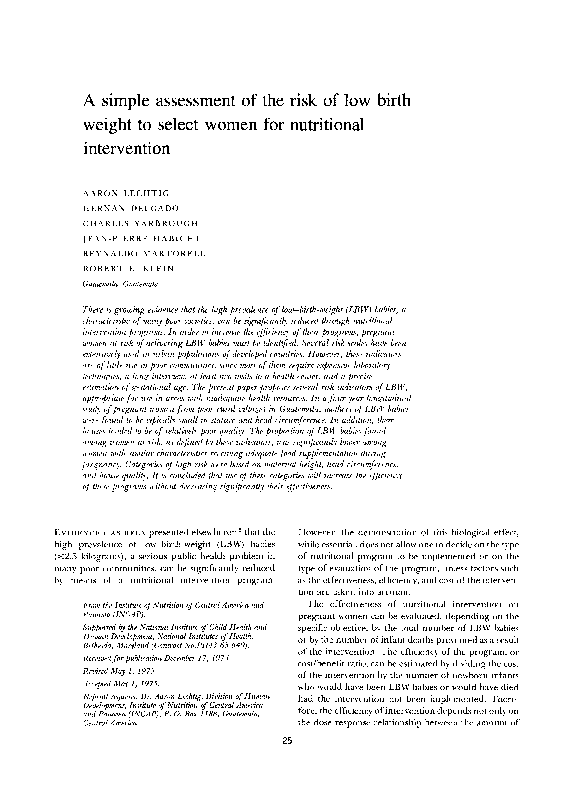 (PDF) A simple assessment of the risk of low birth weight to select ...