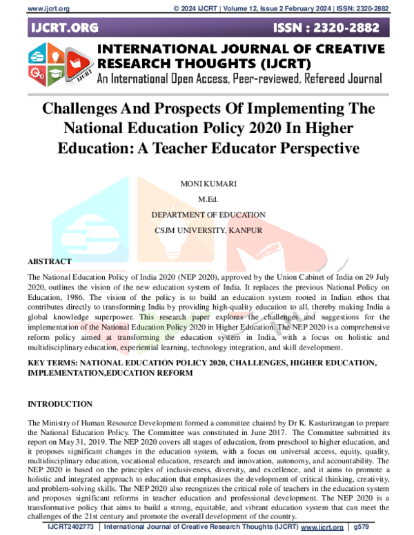 (PDF) Challenges And Prospects Of Implementing The National Education Policy 2020 In Higher ...