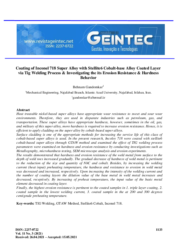 (PDF) Coating of Inconel 718 Super Alloy with Stellite6 Cobalt-base ...