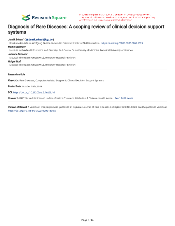 (PDF) Diagnosis of Rare Diseases: A scoping review of clinical decision support systems