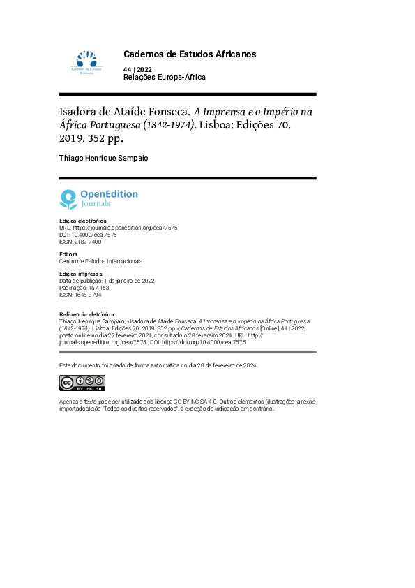 (PDF) Resenha da obra Isadora de Ataíde Fonseca. A Imprensa e o Império ...