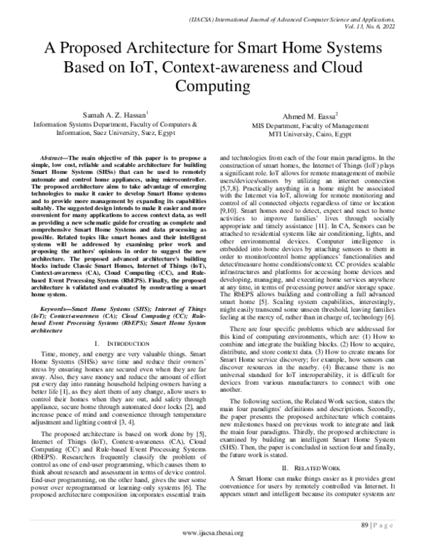 (PDF) A Proposed Architecture for Smart Home Systems Based on IoT, Context-awareness and Cloud ...