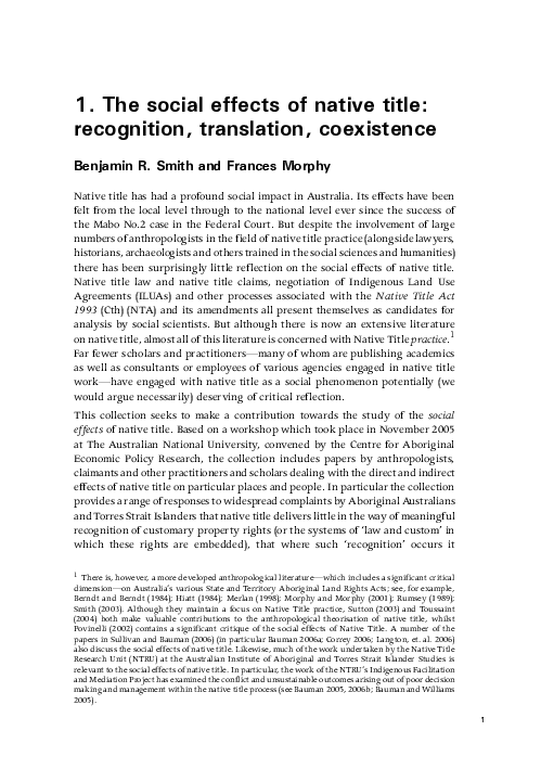 (PDF) The social effects of native title: recognition, translation ...