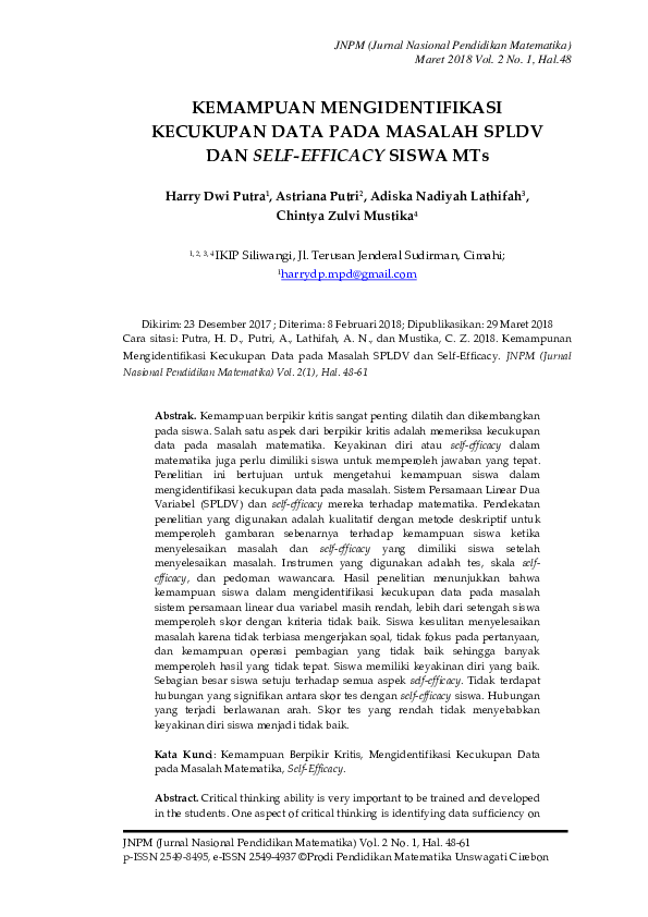(PDF) Kemampuan Mengidentifikasi Kecukupan Data pada Masalah Matematika dan Self-Efficacy Siswa ...