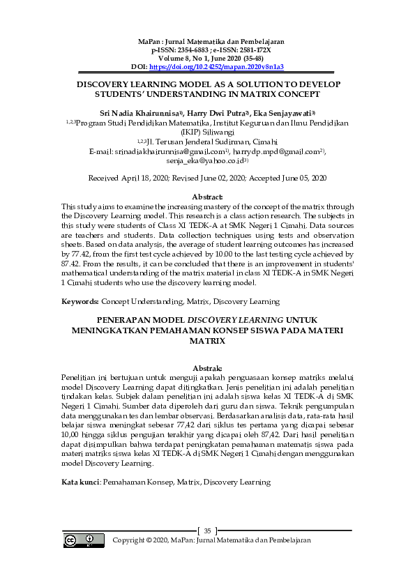 (PDF) Discovery Learning Model as a Solution to Develop Students’ Understanding in Matrix Concept