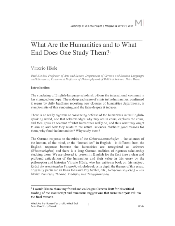 (PDF) What Are the Humanities and to What End Does One Study Them? 1