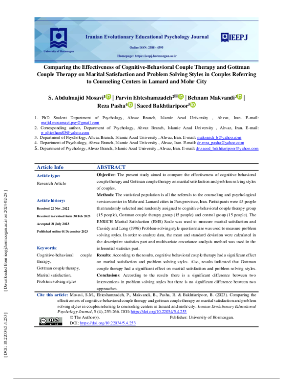 (PDF) Comparing the Effectiveness of Cognitive-Behavioral Couple Therapy and Gottman Couple ...