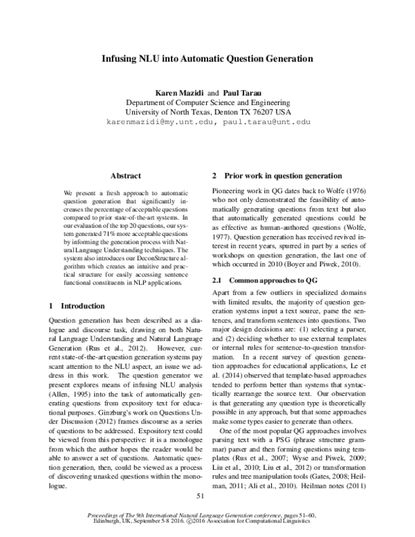 (PDF) Infusing NLU into Automatic Question Generation