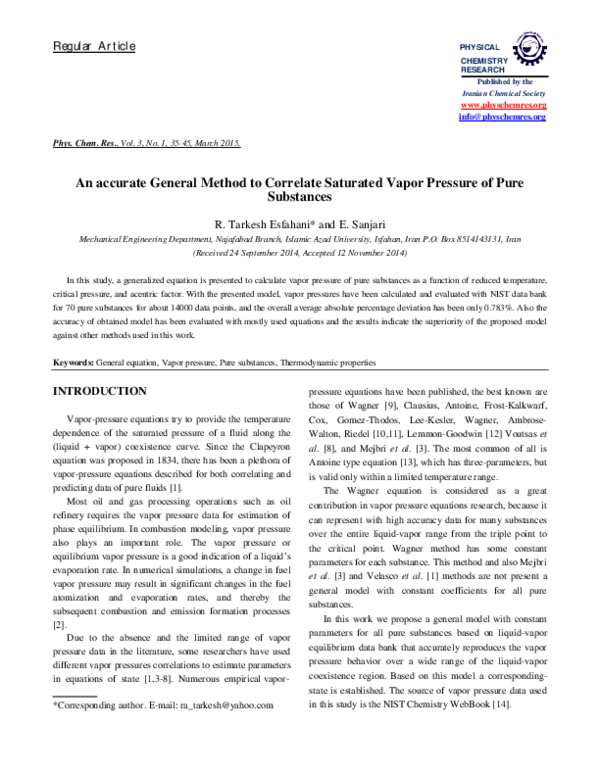 (PDF) An Accurate General Method to Correlate Saturated Vapor Pressure ...