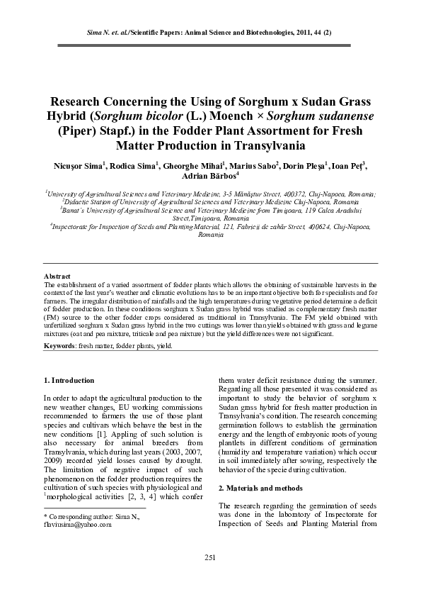 Pdf Research Concerning The Using Of Sorghum X Sudan Grass Hybrid
